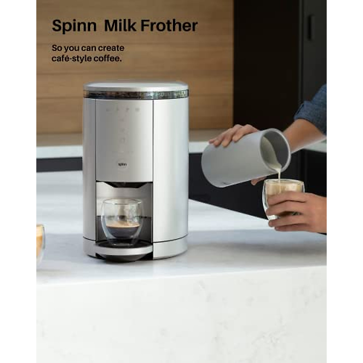 Spinn Milk Frother, Automatic Coffee Foam Maker for Latte, Cappuccino or Cold Brew, An At Home Barista Style Accessory Compatible with Spinn Coffee Machine (Silver)