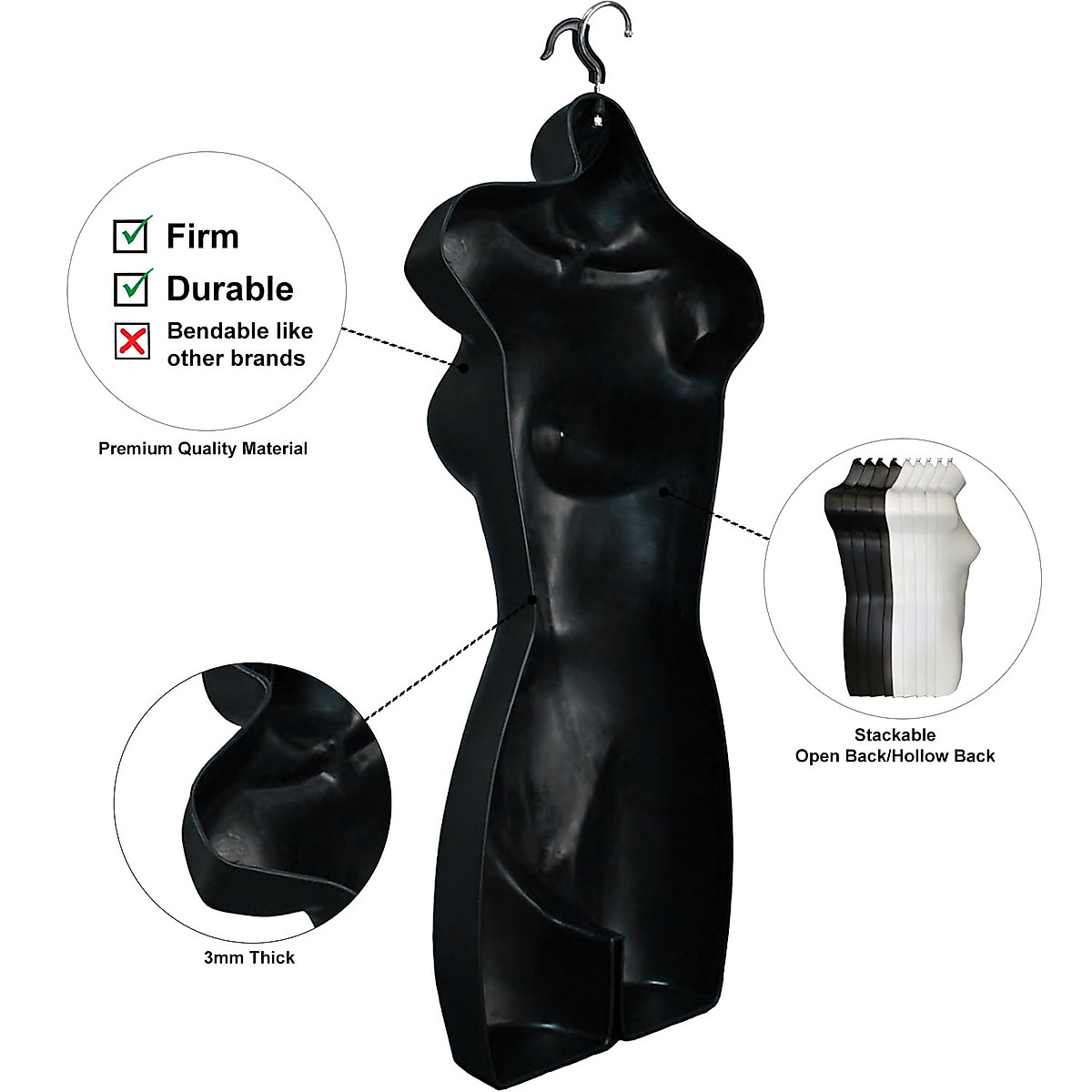 DisplayTown Black Female Mannequin Hip Long Hollow Back Body Torso Dress Form & Hanging Hook, S-M Sizes (10 Pack)
