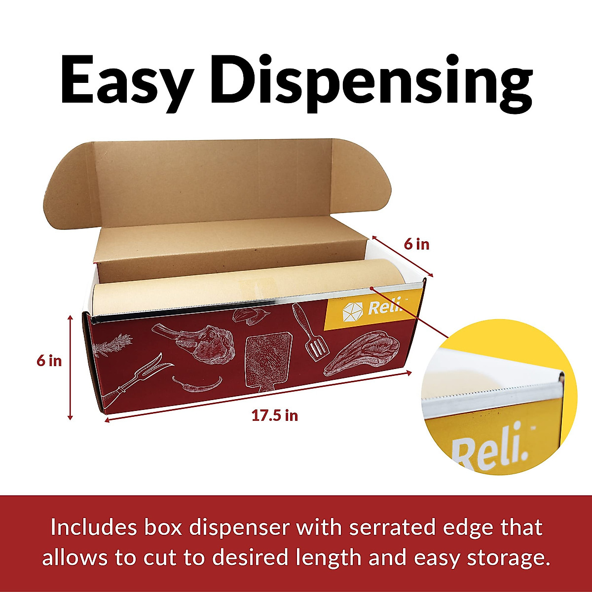 Made in USA | Bulk Value 17.25 in x 350 ft (4200 in) Reli. Brown Butcher Paper w/Dispenser Box | Serrated Cutting Blade | Food Grade Kraft Butcher Paper for Smoking Meat | Unwaxed, Meat Wrapping