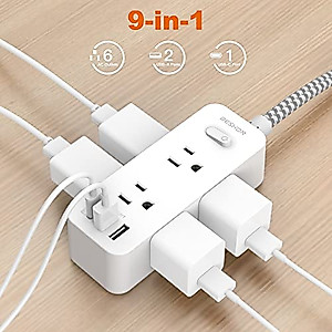 Power Strip Surge Protector, 5Ft Extension Cord, 6 Outlets with 3 USB Ports(1 USB C Outlet), 3-Side Outlet Extender, Wall Mount, Compact for Travel, Home, School, College Dorm Room, and Office