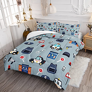 BBchose 3D Cartoon Police Car Bedding Set for Kids，Lovely Police Equipment Ultra Soft All Seasons Comforter Set Kawaii Police Theme Bed Set 1 Comforter 2 Pillowcases (Blue, Twin)