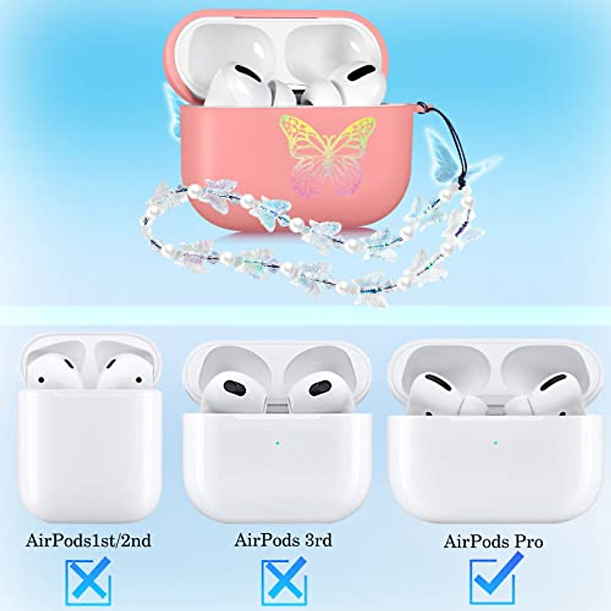 JoySolar Butterfly Case for AirPod Pro 2019/Pro 2 Gen 2022 Aesthetic Cute Cases Women Girls Girly for AirPods Pro Cover Soft TPU Pretty Kawaii with Keychain for Air Pods Pro 2019(Butterfly)