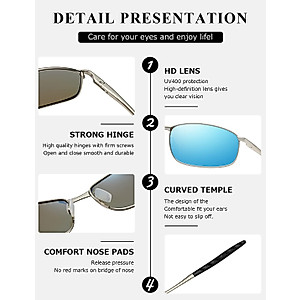 AEVOGUE Polarized Sunglasses For Men Rectangle Metal Frame Retro Sun Glasses AE0395 (2 Pack/Silver Frame Grey Lens+Silver Frame Blue Lens, 59)