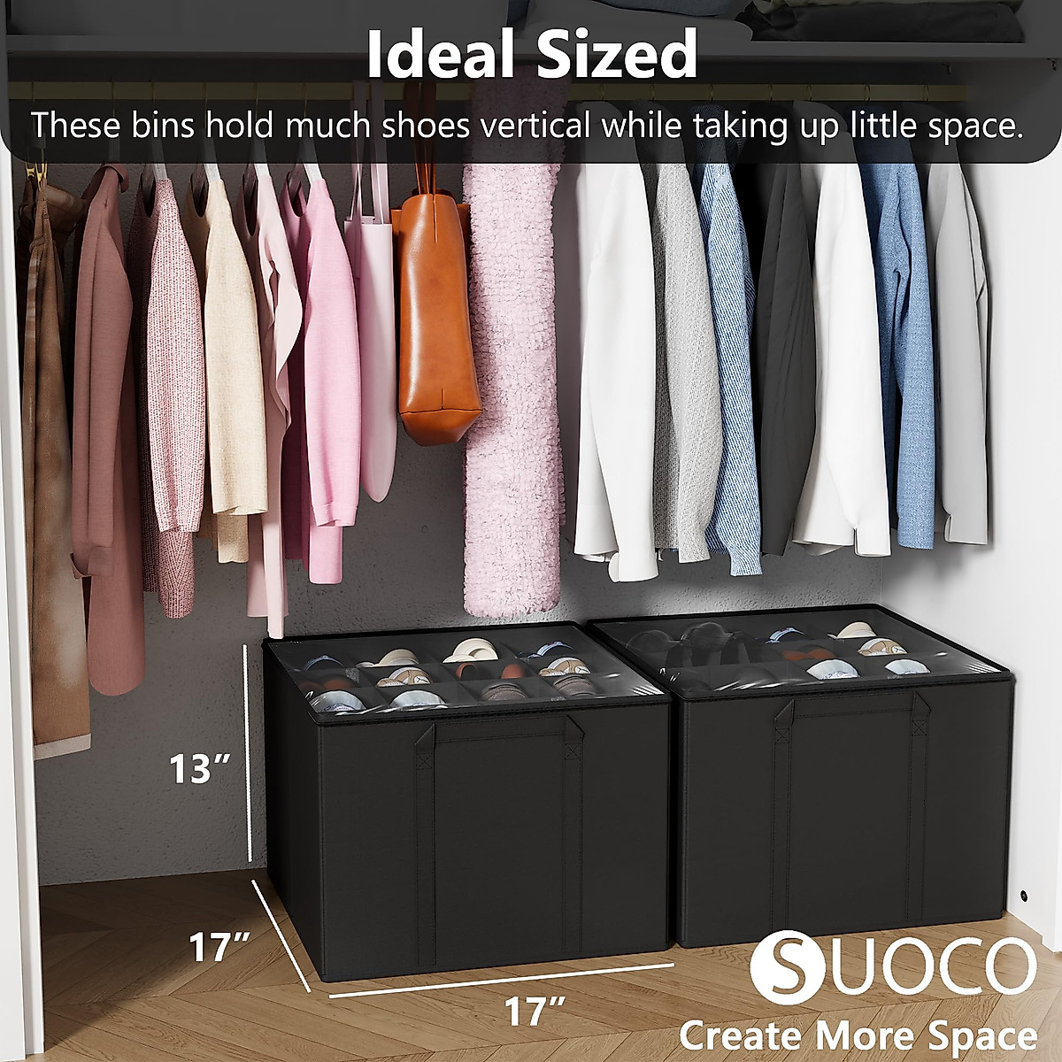SUOCO 2 Pack Shoe Organizer for Closet, Fits up to 32 Pairs, Small Space Shoe Storage Boxes Bins Containers w/Adjustable Dividers and Clear Top, Black