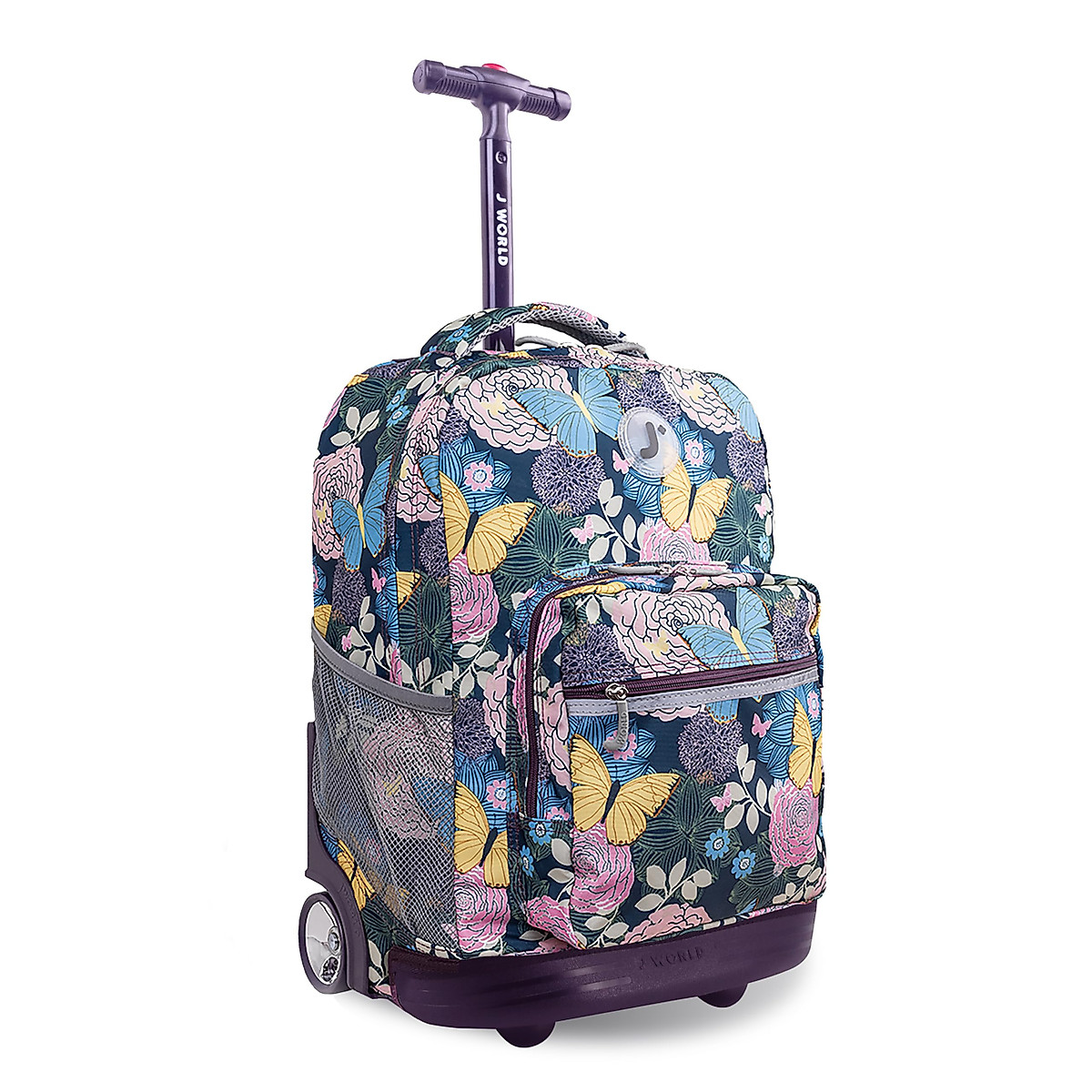 J World New York Sunrise Rolling Backpack. Roller Bag with Wheels, Secret Garden, 18"