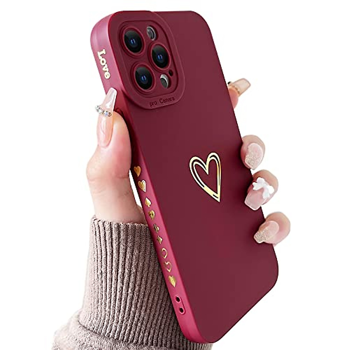 Yeddabox Compatible with iPhone 12 Pro Max Case for Women, Bronzing Luxury Heart Phone Case Cute Soft TPU Shockproof Full Camera Lens Protective Cover for iPhone 12 Pro Max 6.7 Inch - Burgundy