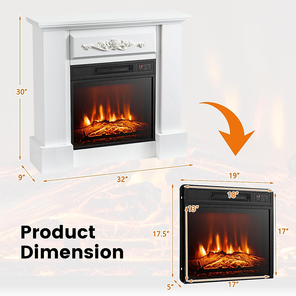 S AFSTAR Electric Fireplace with Mantel, 1400W 32 Inch Fireplace Heater with Remote Control, 6H Timer, Adjustable 3D Flame Effect, Thermostat, Electric Fireplace Heater for Living Room (White)