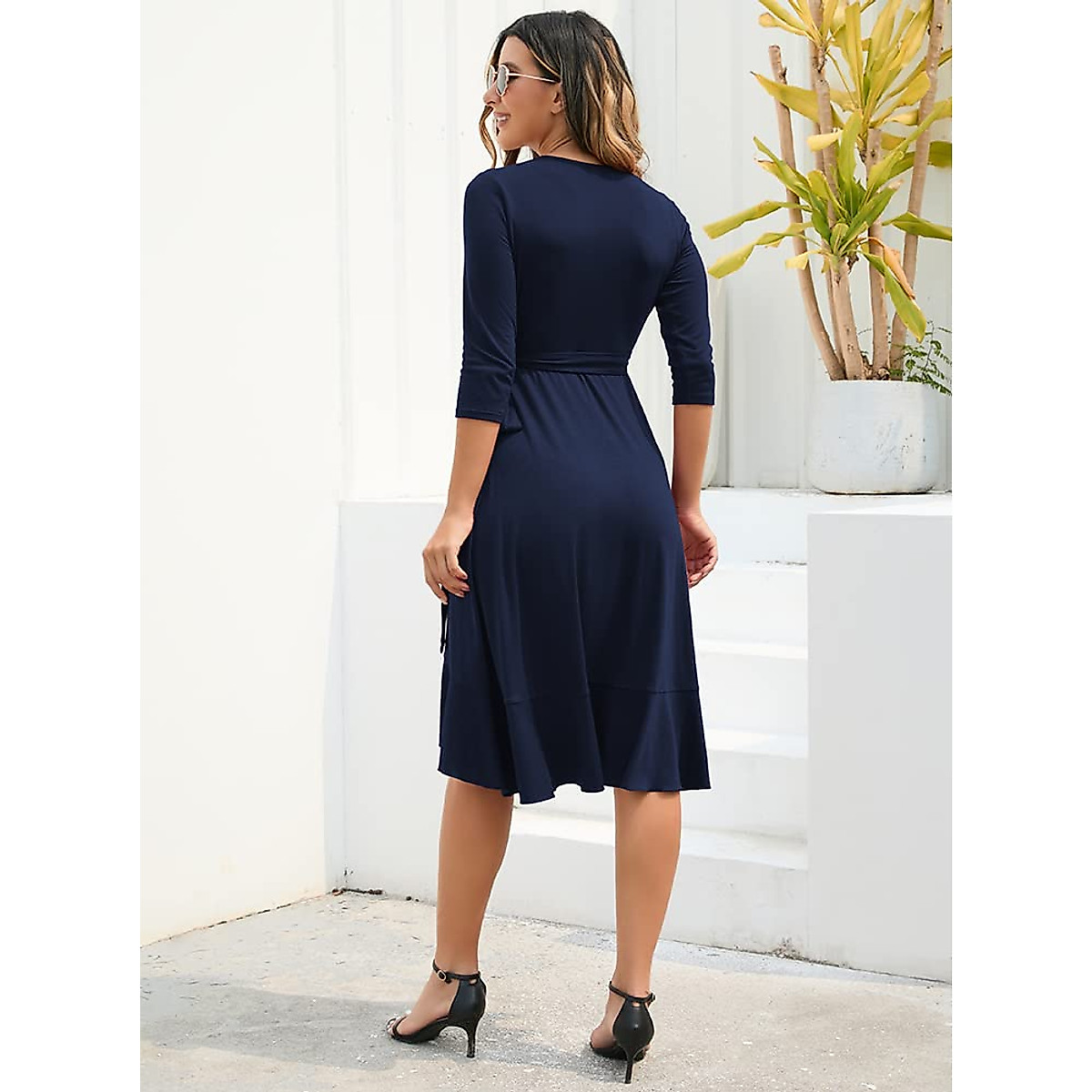 OWIN Women's 3/4 Sleeve V Neck Elastic Tie Waist Elegant Cocktail Party Ruffle Wrap A Line Dress Navy L