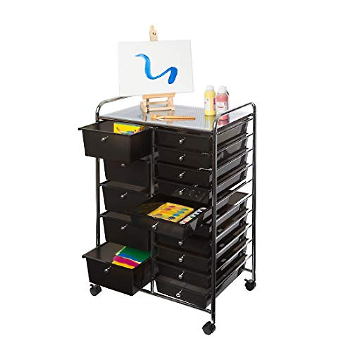 Seville Classics Rolling Utility Organizer Storage Cart , for Home Office, School, Classroom, Scrapbook, Hobby, Craft, 15 Drawer, Black