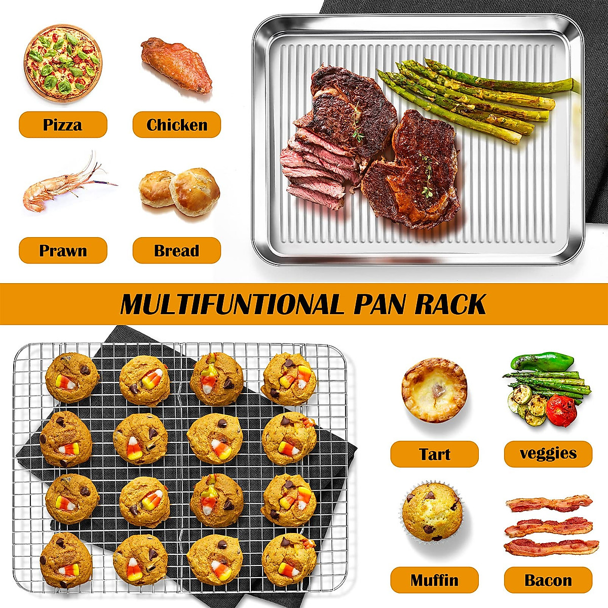 17.5 Inch Half Baking Cookie Sheet with Rack, P&P CHEF Stainless Steel Baking Pan Oven Tray and Cooling Rack for Cooking, Corrugated Bottom & Grid Rack, Healthy & Durable, 2Pcs (1 Pan +1 Rack)