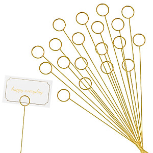 Abeillo 20Pcs Gold Floral Card Holder Picks, Metal Flower Card Holder Stick, Round Shape Table Name Number Clips, Place Card Holder for Gift Card Photo Memo Bouquet Decorations