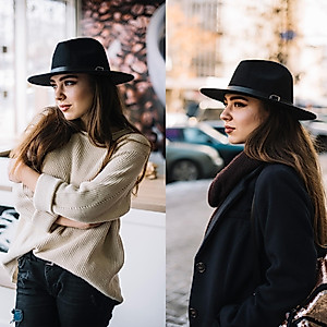 Felt Fedora Hat Womens Classic Hat Wide Brim Jazz Hat with Belt Buckle (Black with Black Belt, Medium (22"-23"))