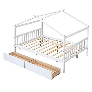 Merax Full Size Wooden House Bed with Two Drawers, Wood Bed Frame with Roof for Kids, Teens, Boys or Girls, White