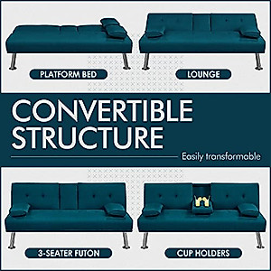 Yaheetech Linen Fabric Modern Sofa Bed Futon Couch Bed Folding Recliner Sleeper Reversible Loveseat Convertible Daybed, 2 Cup Holders, 3 Angles, 772lb Capacity, Removable Armrests, Aqua Blue