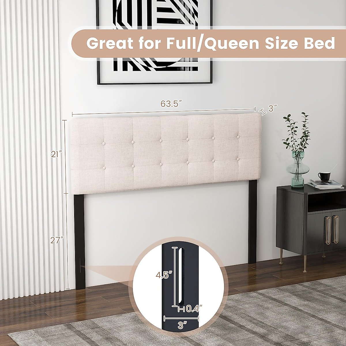 KOMFOTT Linen Upholstered Headboard for Full & Queen Size Bed Frame, Tufted Button Bed Headboard with Solid Rubber Wood Legs, Rectangular Headboard with Adjustable Width, Beige