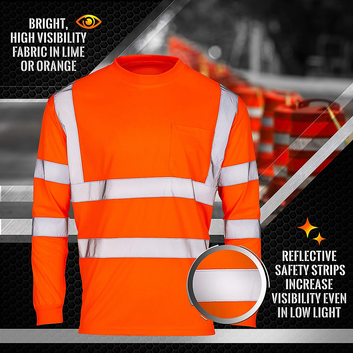 SuNi Apparel High Visibility Shirts for Men - Long Sleeve Construction Hi Vis Reflective Safety Shirts for Men Yellow Orange (L, Orange (3pk))