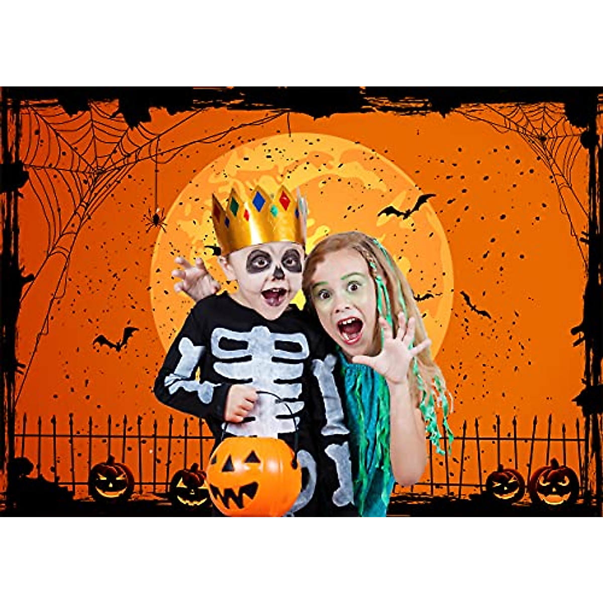 CYLYH 7x5ft Happy Halloween Orange Backdrop Halloween Eve BackdropHalloween Party Lantern Moon Bat Spider Web Graveyard Fence Photography Background Party Decorations