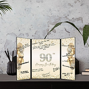 DARUNAXY Black Gold 90th Birthday Party Decorations, Happy 90th Birthday Alternative Signature Guest Book for Men Women Cheers to 90 Years Old Gifts 90 Birthday Signing Card Board Party Supplies