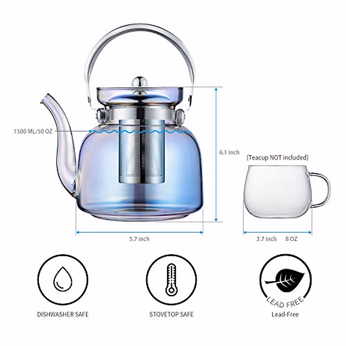 E-liu 50 oz(1500ml) Glass Teapot Kettle with Lid, Removable Stainless Steel Infuser and Handle, Stovetop Safe Tea Maker for Blooming and Loose Leaf Tea（Iridescent）