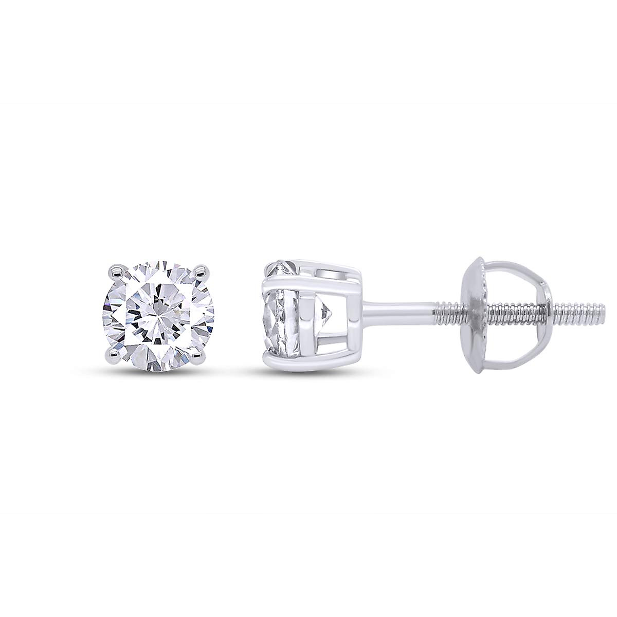 1/10ctw Round Natural Diamond Stud (IGI Certified 0.70 ct & up) Plus Quality Screw Back Earrings in 14k Solid White Gold, 0.04 Ctw - 2.00 Ctw