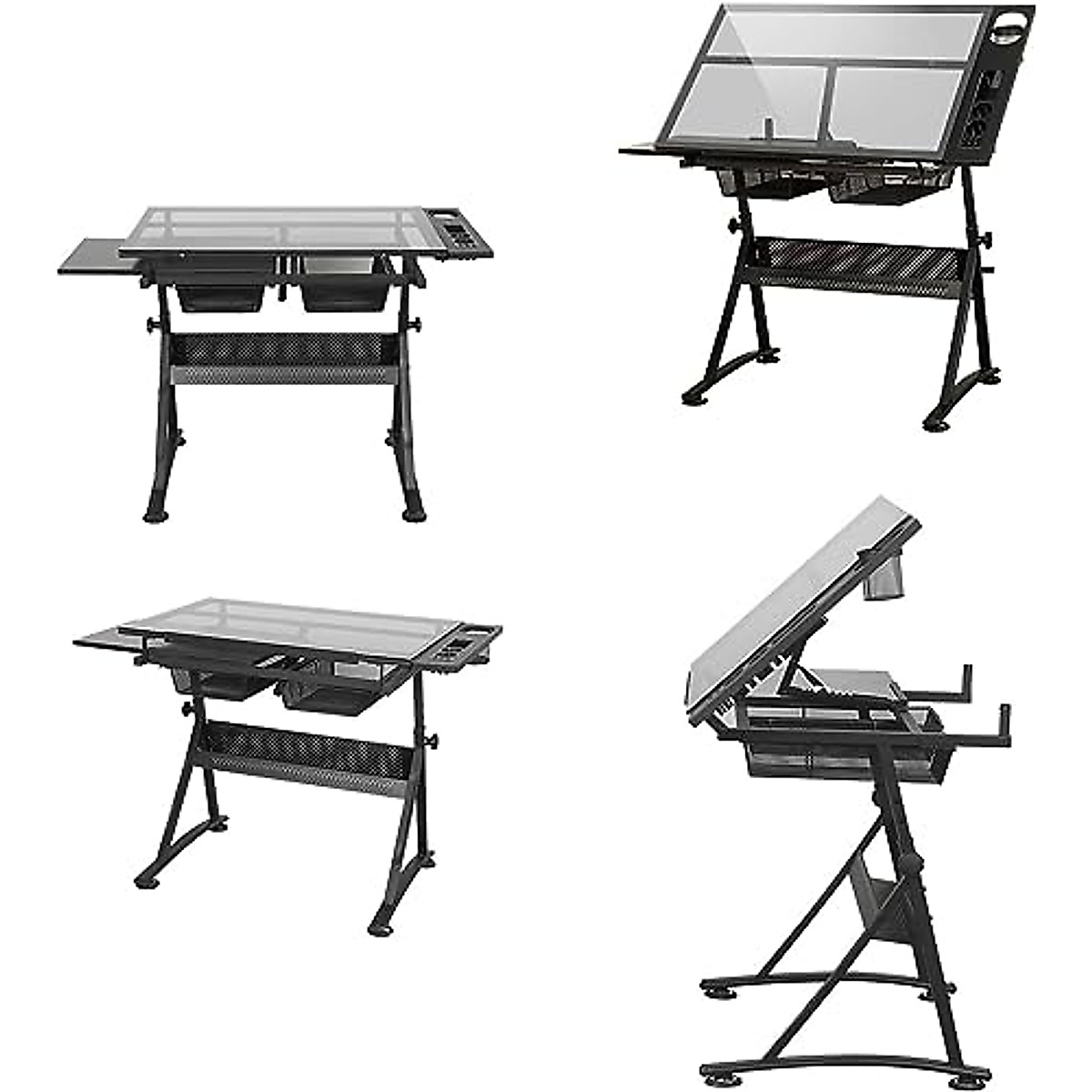 XiVue Drafting Table with Storage, Height Adjustable Tiltable Art Desk, Glass Panel Drawing Desk,for Work Study Painting Craft Table
