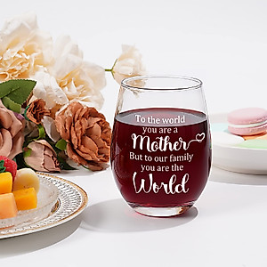 DAZLUTE Mothers Day Gifts from Daughter, To The World You are A Mother But to Our Family You are the World Stemless Wine Glass for Mom New Mom Women Mothers Day Birthday Christmas, Mom Gifts, 17Oz