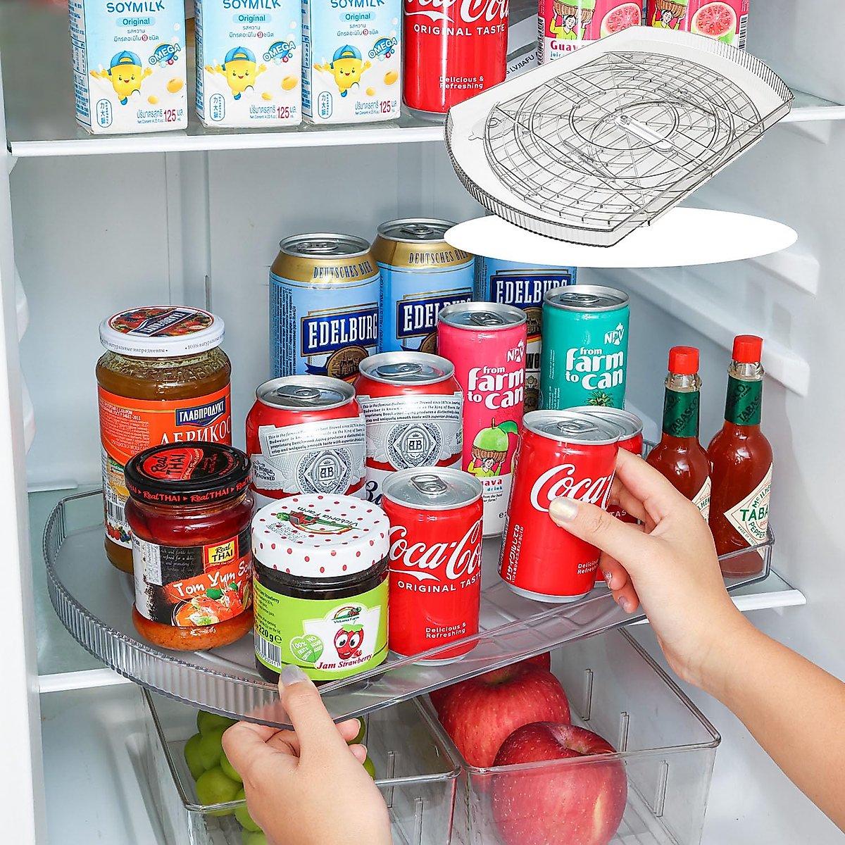 Sousnous Square Lazy Susan Organizer for Refrigerator, Slide and 360° Rotate Rectangle Turntable Organization and Storage for Fridge, 16.53'' Clear Pull Out Rectangular Rotating Tray for Kitchen