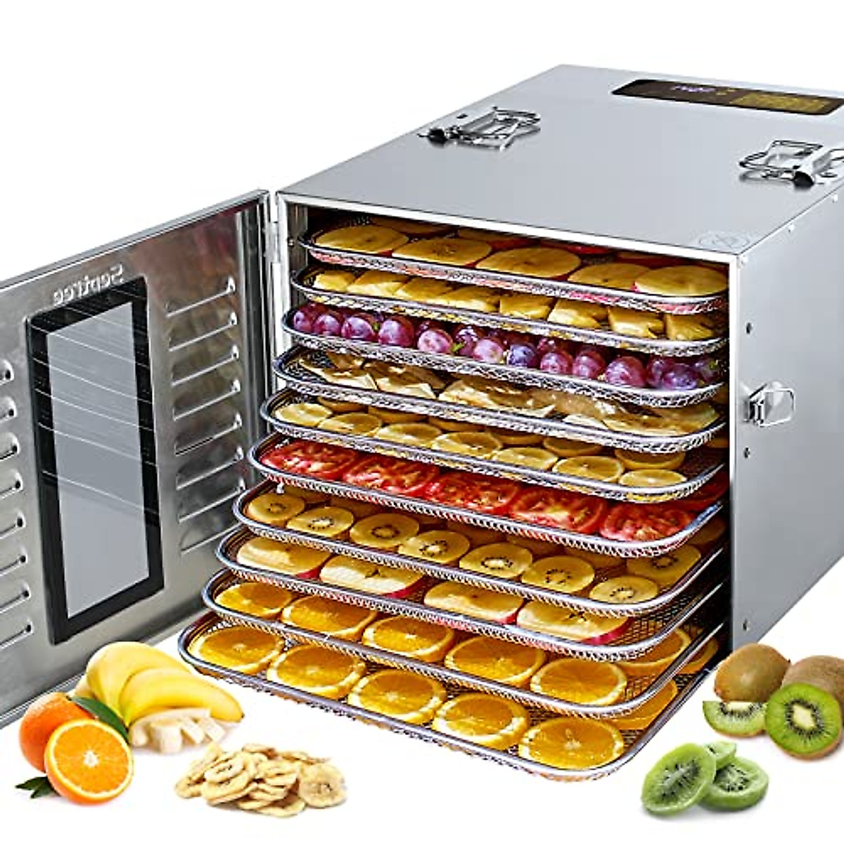 Septree Food Dehydrator for Jerky, Meat, Fruit, Beef, Herbs, and Pet Food, 10 Trays Stainless Steel Commercial Dryer Machine, 1000W, Adjustable Timer, Digital Temperature Control, Over Heat Protection, Silver