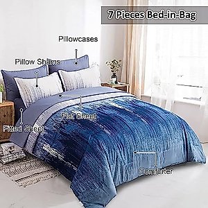 Navy Blue Comforter Set Queen,7 Pieces Bed in a Bag Colorful Abstract Art Gradient Comforter Soft Microfiber Bedding Set -1 Comforter, 1 Flat Sheet, 1 Fitted Sheet, 2 Pillow Shams,2 Pillowcases