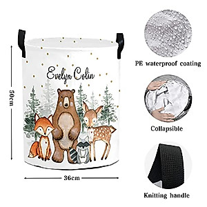 SunFancy Woodland Forest Animals Personalized Laundry Basket Clothes Hamper with Handles Waterproof,Custom Collapsible Laundry One Size