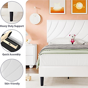 HOMBCK Twin Size Bed Frames with Headboard, Upholstered Twin Size Platform Bed Frame for Kids Girls, Leather White Twin Bed Frame with Wood Slats, No Box Spring Needed, White