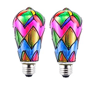 Tidorlou 2 Pack Stained Glass LED Light Bulb, Dimmable E26 Medium Base, A60/ ST64 3.5W LED Bulb for Home Party, Balcony, Garden, Christmas Decoration (ST65)