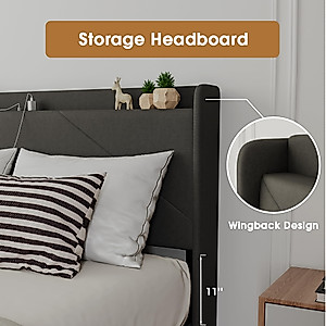Lifezone Queen Bed Frame with Headboard, Queen Bed Frame with Charging Station, Upholstered Bed Frame with Wingback Shelf, Under-Bed Storage, No Box Spring Needed,Easily Assemble, Dark Grey