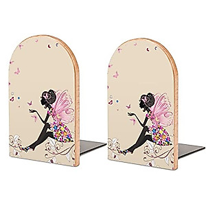 Hon-Lally Flower Fairy Girl with Pink Wing Elves Butterflies Wood Bookends Decorative Bookend Non-Skid Office Book Stand for Books Office Files Magazine
