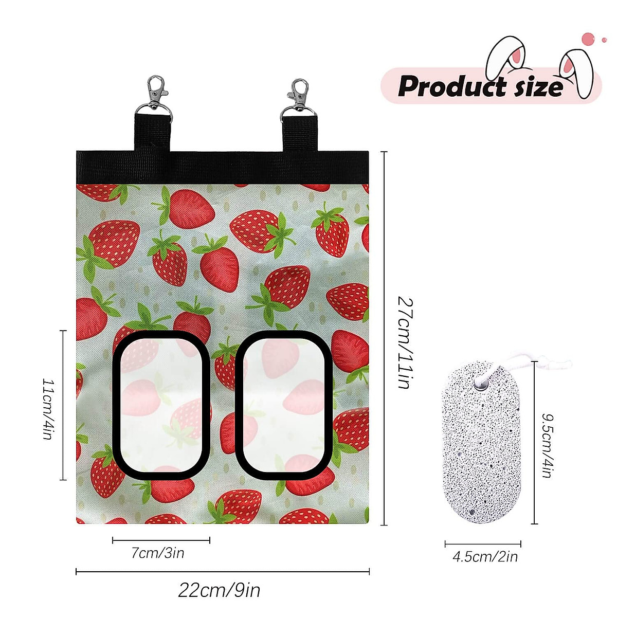 YOLAGGOY Small Animal Hay Feeder, 2 Holes Hanging Rabbit Hay Feeder Bag for Rabbit Small Animal Chinchilla with 1 Grind Teeth Stone(Strawberry)