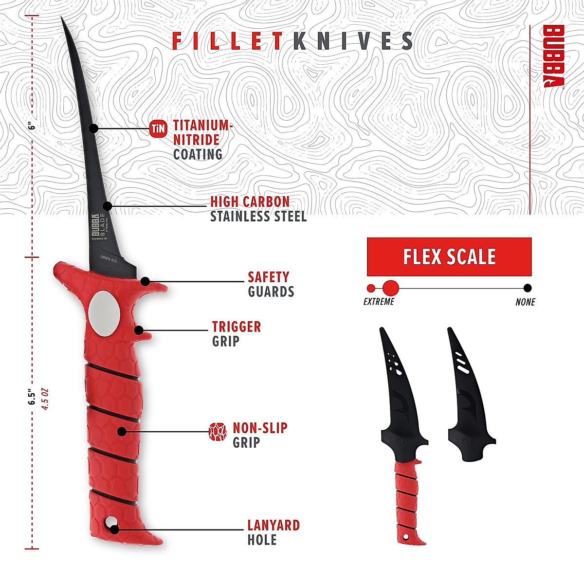 BUBBA 6 Inch Ultra Flex Tapered Fillet Knife with Non-Slip Grip Handle, 8Cr13MoV Stainless Steel Blade, Lanyard Hole and Synthetic Sheath for Fishing