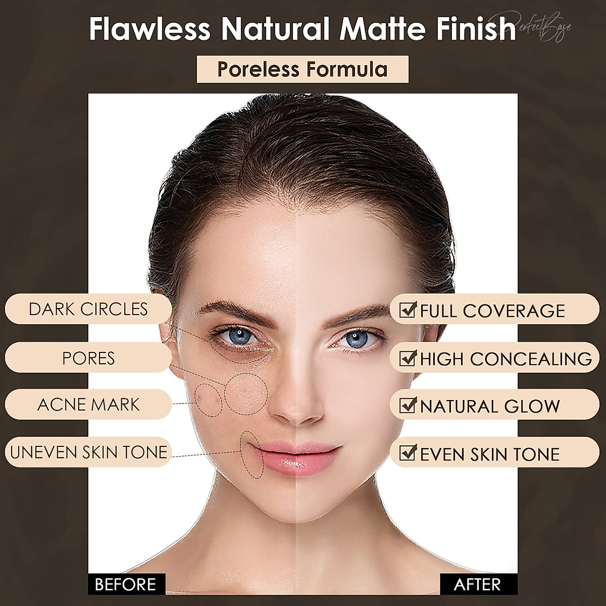 FOCALLURE PerfectBase Lasting Poreless Liquid Foundation, Medium to Full Coverage with Matte Finish, Covers Blemishes & Under-Eye Circles for All Skin Types, WP12 Dune