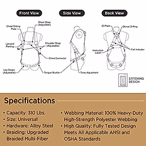 AFP Universal Full-Body Fall Protection Safety Harness w/Dorsal D-Ring Tongue Buckle Legs Hi-Viz Green, Shock Absorbing Lanyard (OSHA/ANSI Rated) (1 Pack, Harness + Single Leg Lanyard w/Snap Hooks)