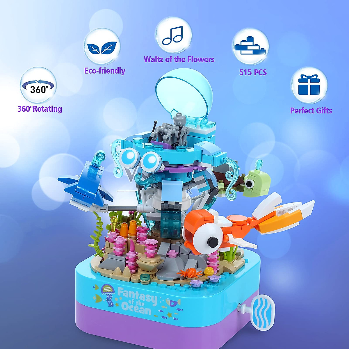 BUILPLAY Building Blocks Music Box for Kids Rotating Ocean Model Building Kits STEM Educational Toys & Gifts for Boys and Girls 8+ Years Old