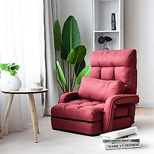 Giantex Folding Lazy Sofa Floor Chair, Indoor Chaise Lounger Bed with 6 Adjustable Position, Pillow, Living Room Lounge Couch(Red)