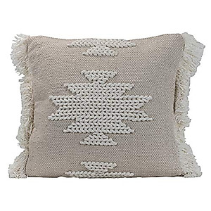Foreside Home & Garden White Braided Geometric Pattern Handwoven 18x18 Decorative Cotton Throw Pillow with Hand Tied Fringe