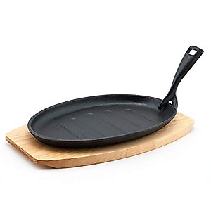 Fuji Merchandise Oval Shape Cast Iron Steak Plate Sizzle Griddle with Wooden Base Steak Pan Grill Fajita Server Plate Home or Restaurant