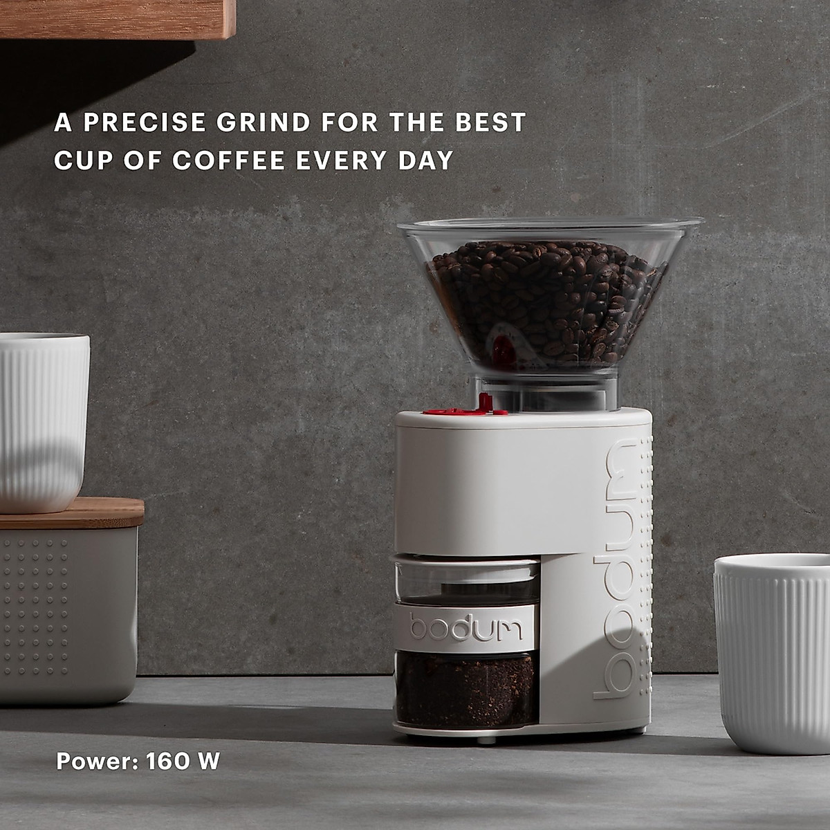 Bodum Bistro Electric Conical Burr Coffee Grinder, Preset Timer, 12 Grind Settings, White