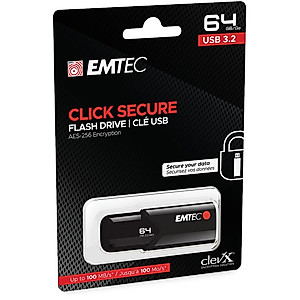 Emtec Click Secure B120 USB 3.2 Flash Drive 64 GB - Encryption software AES 256 - Read speed 100 MB/s - Black