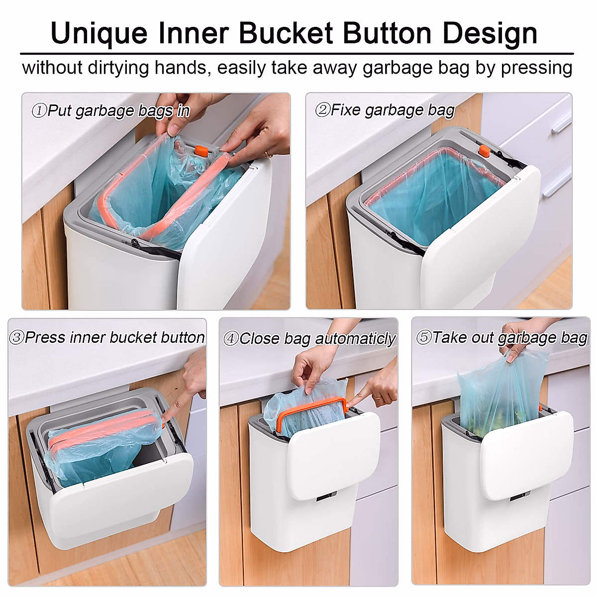 Tiyafuro Upgraded 2.4 Gallon Kitchen Compost Bin with Inner Bucket, Hanging Small Trash Can with Lid for Under Sink, Cupboard, Bathroom, Bedroom, Office, Camping, Mountable Indoor Compost Bucket White