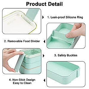 MOAMUN 2PCS Stackable Bento Box, 3-In-1 Bento Lunch Box with Spoon and Fork, Japanese Lunch Box with 2PCS Mini Condiment Squeeze Bottles, Meal Prep Containers for Kids and Adults (Green+Beige)