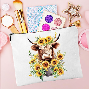 Keluna Highland Cow Gifts for Women - 4Pcs Sunflower Highlandcow Gift, 20oz Highland Cattle Tumbler with Lid Straw Cattle Makeup Bag Keychain Socks for Cow Lovers Girls Birthday Christmas Gifts