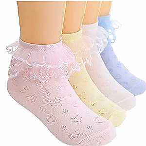 Baby Girl Lace Socks, Eyelet Frilly Lace Socks Cotton Ankle Socks for Toddler, Pack of 4 Pair