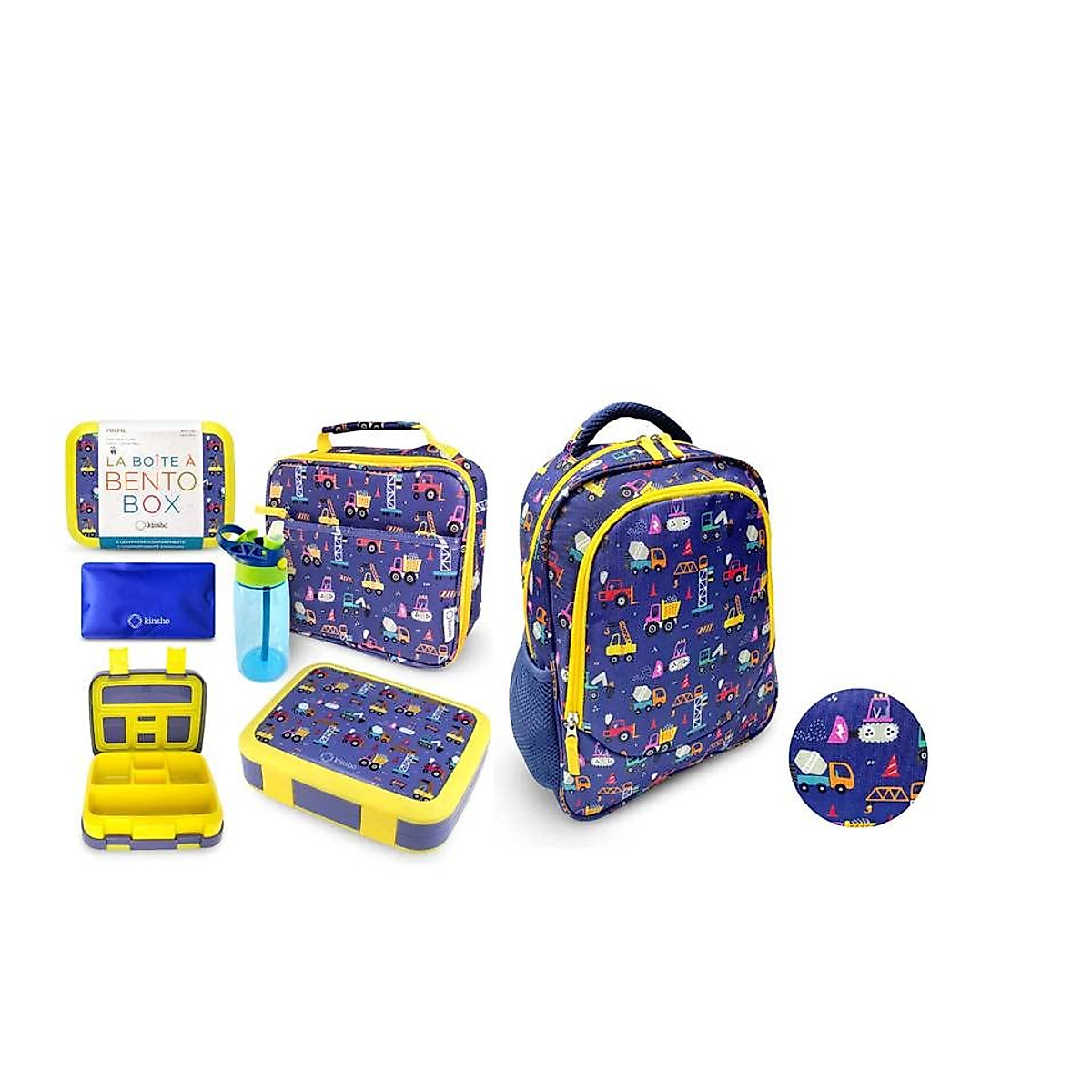 Bundle of Bento Box, Insulated Lunch Bag, Ice Pack & Water Botle Set for Kids - 5 Leakproof Compartments (Blue Yellow Truck) + Toddler Backpack for Boys, Cute 13” (Blue Yellow Trucks)
