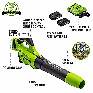 Greenworks 2 x 24V (48V) Cordless Axial Leaf Blower (125 MPH / 515 CFM / 125+ Compatible Tools), (2) 2.0Ah Batteries and Dual Port Charger Included